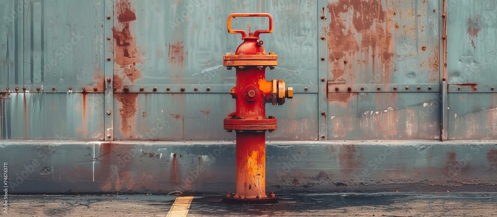A red fire hydrant stands in front of a weathered, rusty wall. The ...