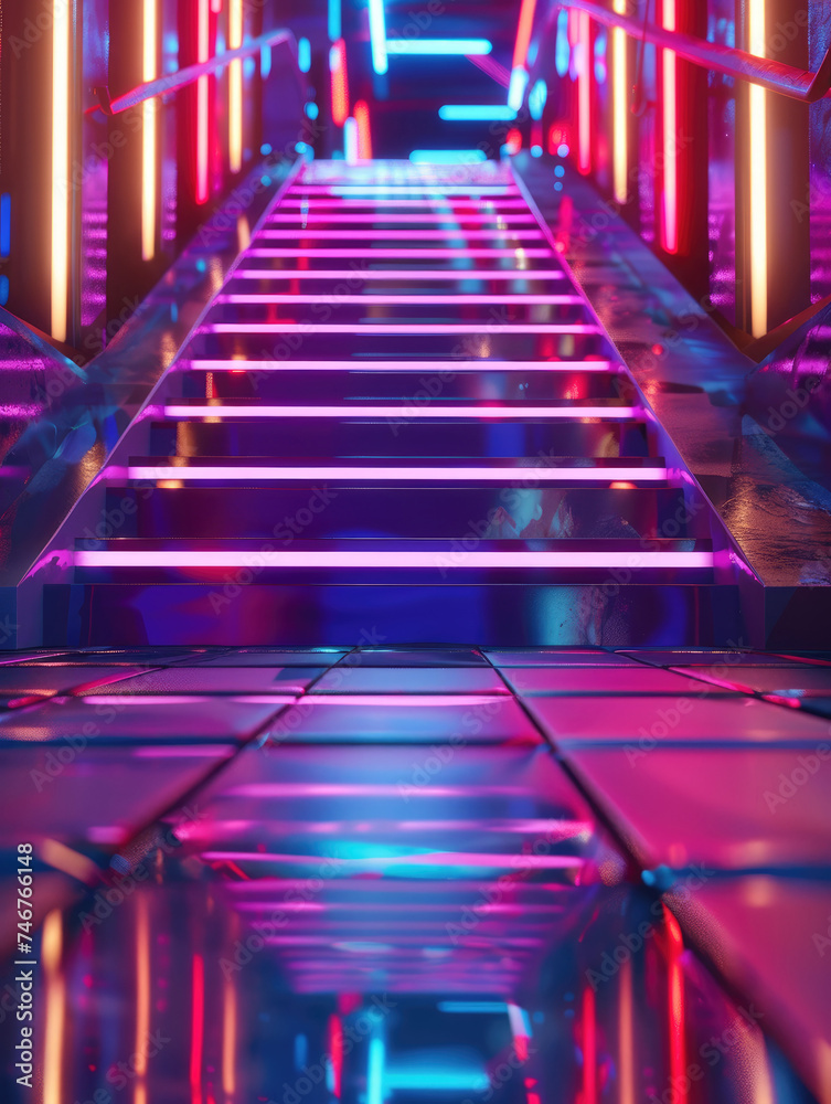 Futuristic neon-lit staircase leading upwards - A captivating image of ...
