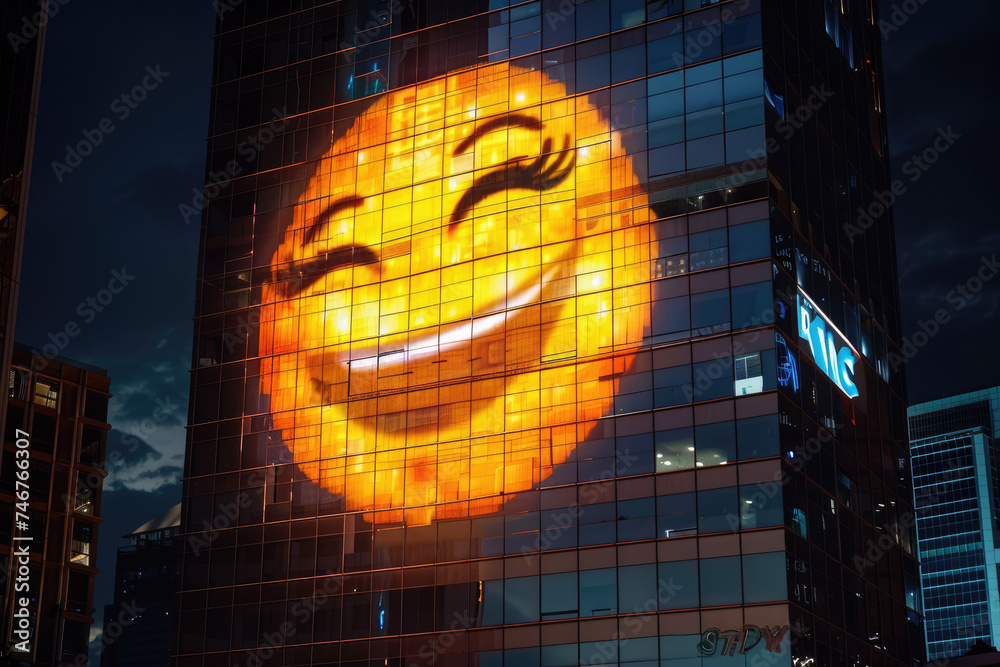Glowing emoji on city building at night - A large, glowing, smiling ...