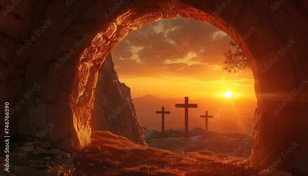Easter Sunday of Resurrection. Empty tomb of Jesus with the three ...