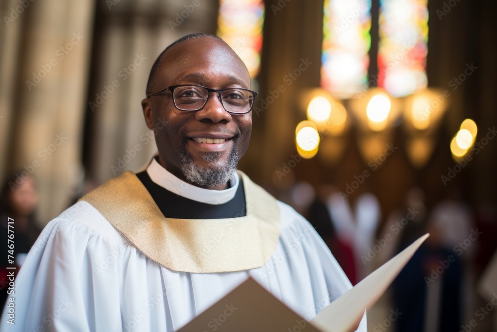 Portrait cheerful smiling African American ethnic male priest pastor ...