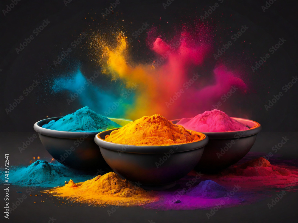 Colorful powder paints in bowls for Indian Holi festival. Black ...