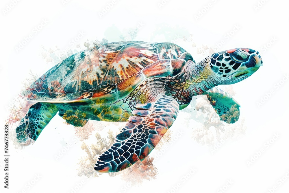 A sea turtle blending with the colors and textures of coral reefs in a ...
