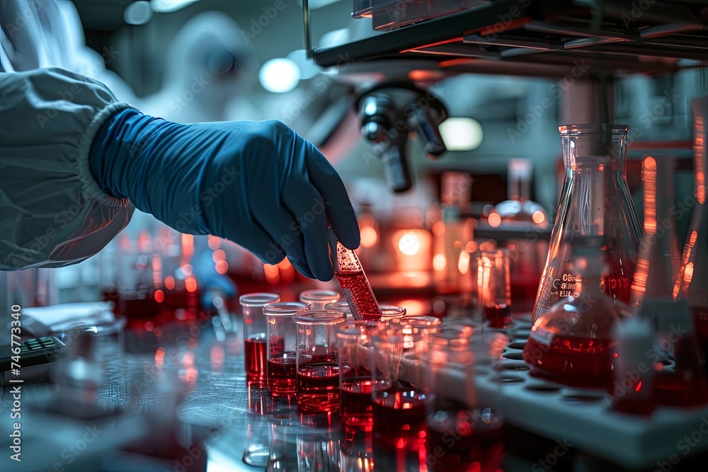 Hands of a doctor collecting blood sample tubes from rack with analyzer ...