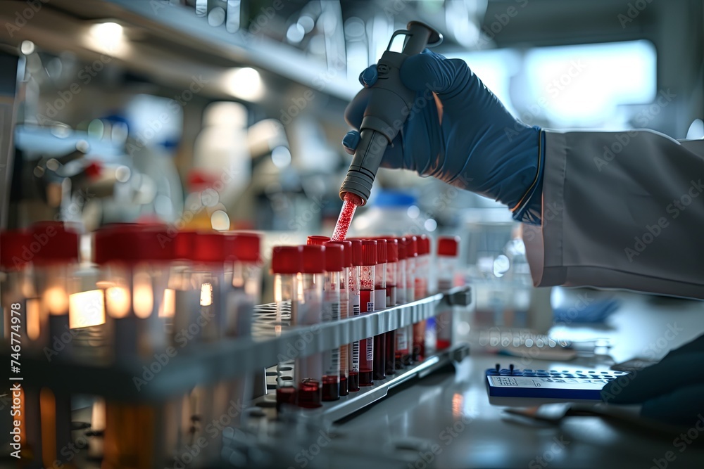 Hands of a doctor collecting blood sample tubes from rack with analyzer ...