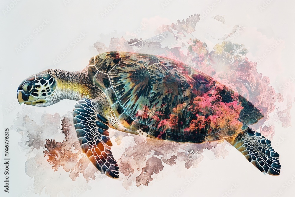 A sea turtle blending with the colors and textures of coral reefs in a ...