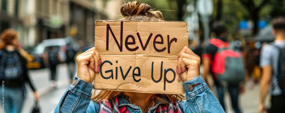 Person holding up a handmade sign with the inspirational slogan Never ...