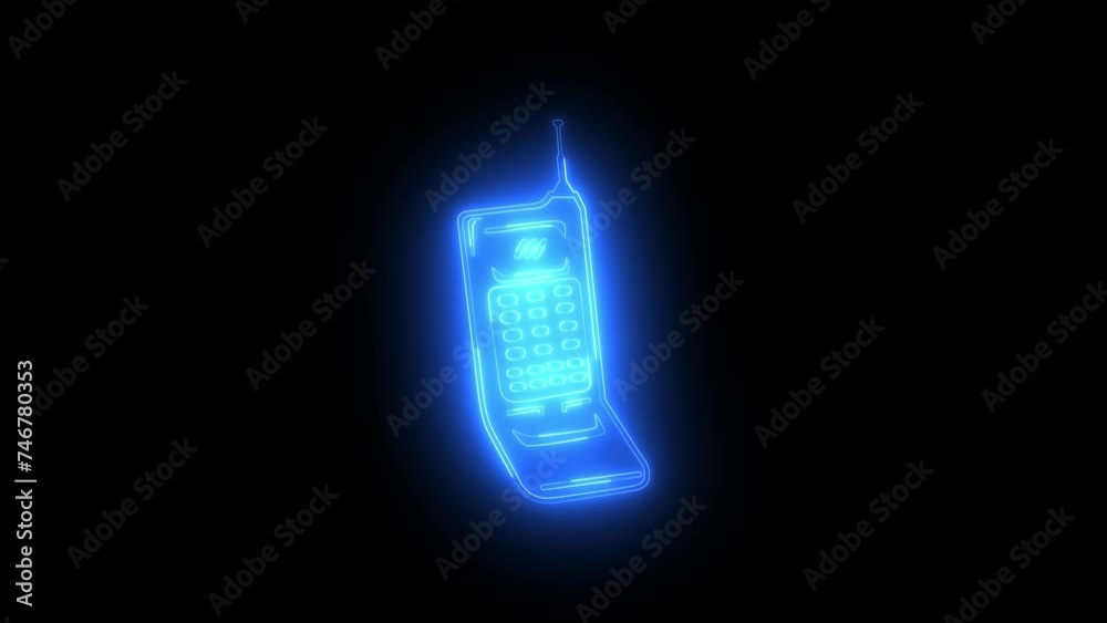 Neon glowing blue flip phone icon animation in black background Stock ...