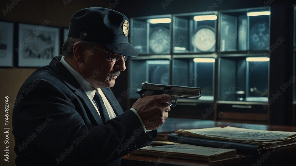 A dramatic scene featuring a person in a police uniform, examining a ...