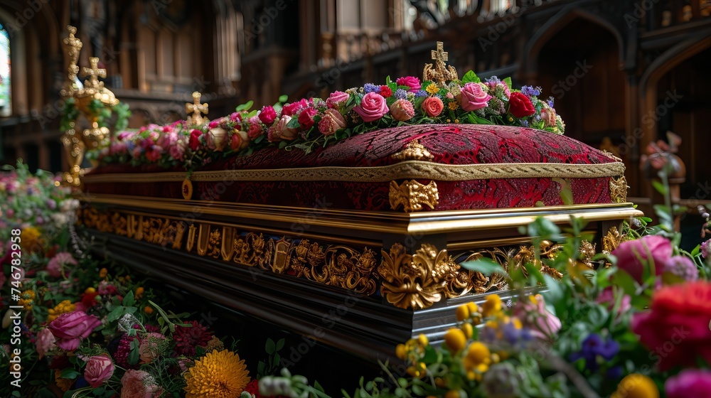 The image shows a luxurious coffin, decorated with gold designs and surrounded by many bright ...