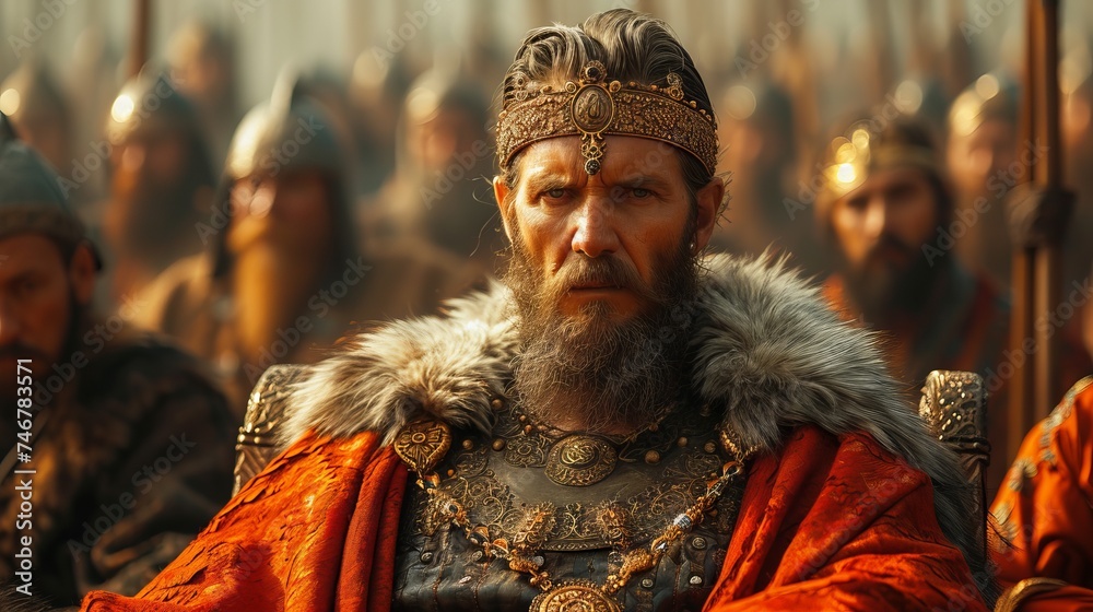 king in luxurious robes sitting on a throne. Surrounded by warriors in ...