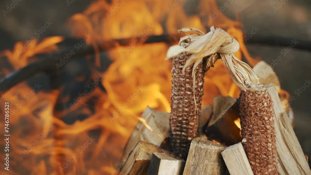 bonfires with wood and husked ears of corn. kindling the fire as it was ...