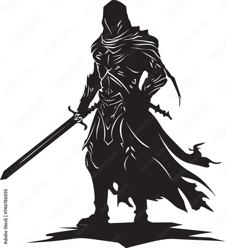 Regal Defender Black Vector Logo of Knight Soldier with Sword Aloft ...