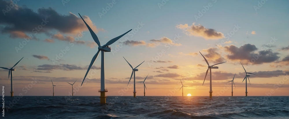 An offshore wind farm with turbines in the ocean, Gentle waves at the ...