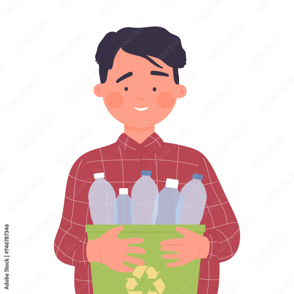 Little boy with plastic bottle recycling. Waste management, zero trash ...