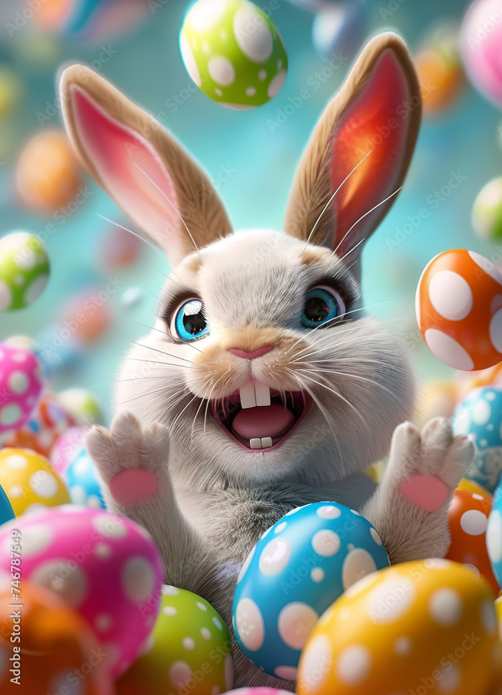 Illustration of a happy Easter bunny full of joy and excitement in 3D ...