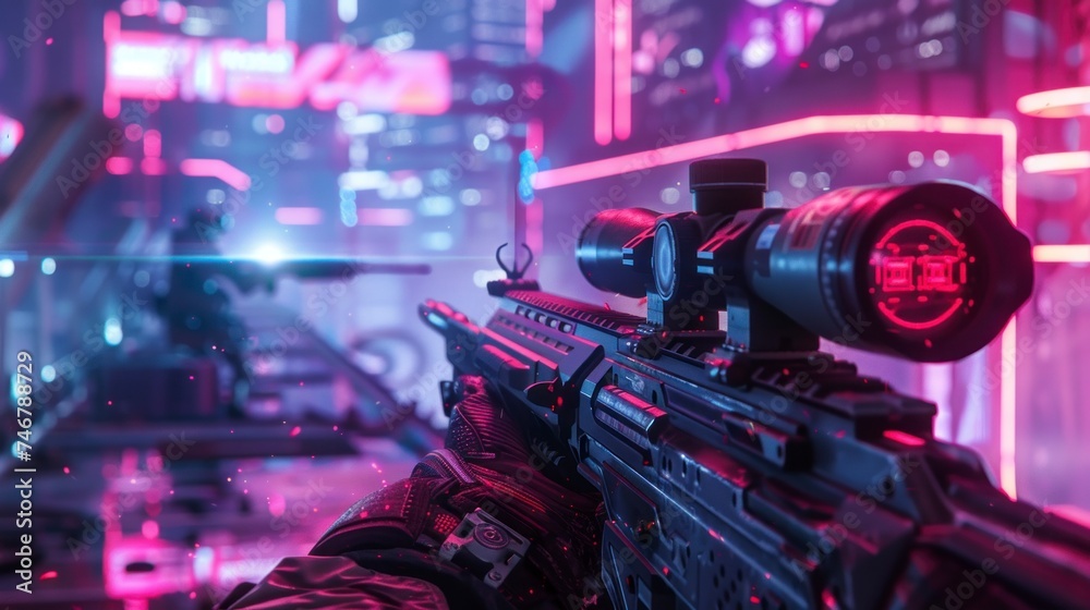 Shooting games with a futuristic first-person gun with neon lights in ...