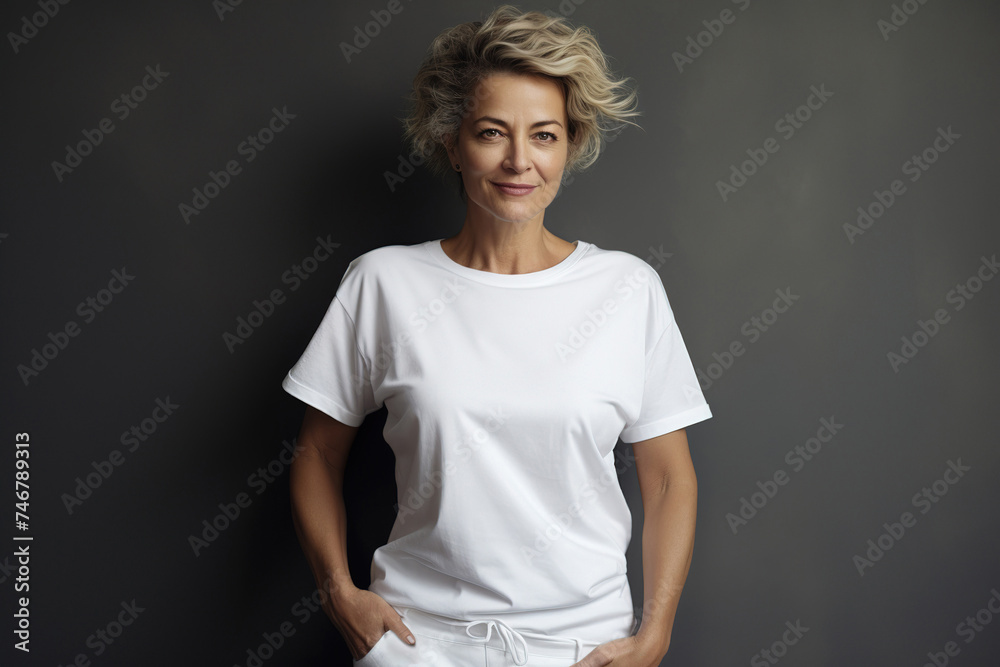 Middle Aged Woman Wearing Blank White T Shirt Posing Against Black Wall