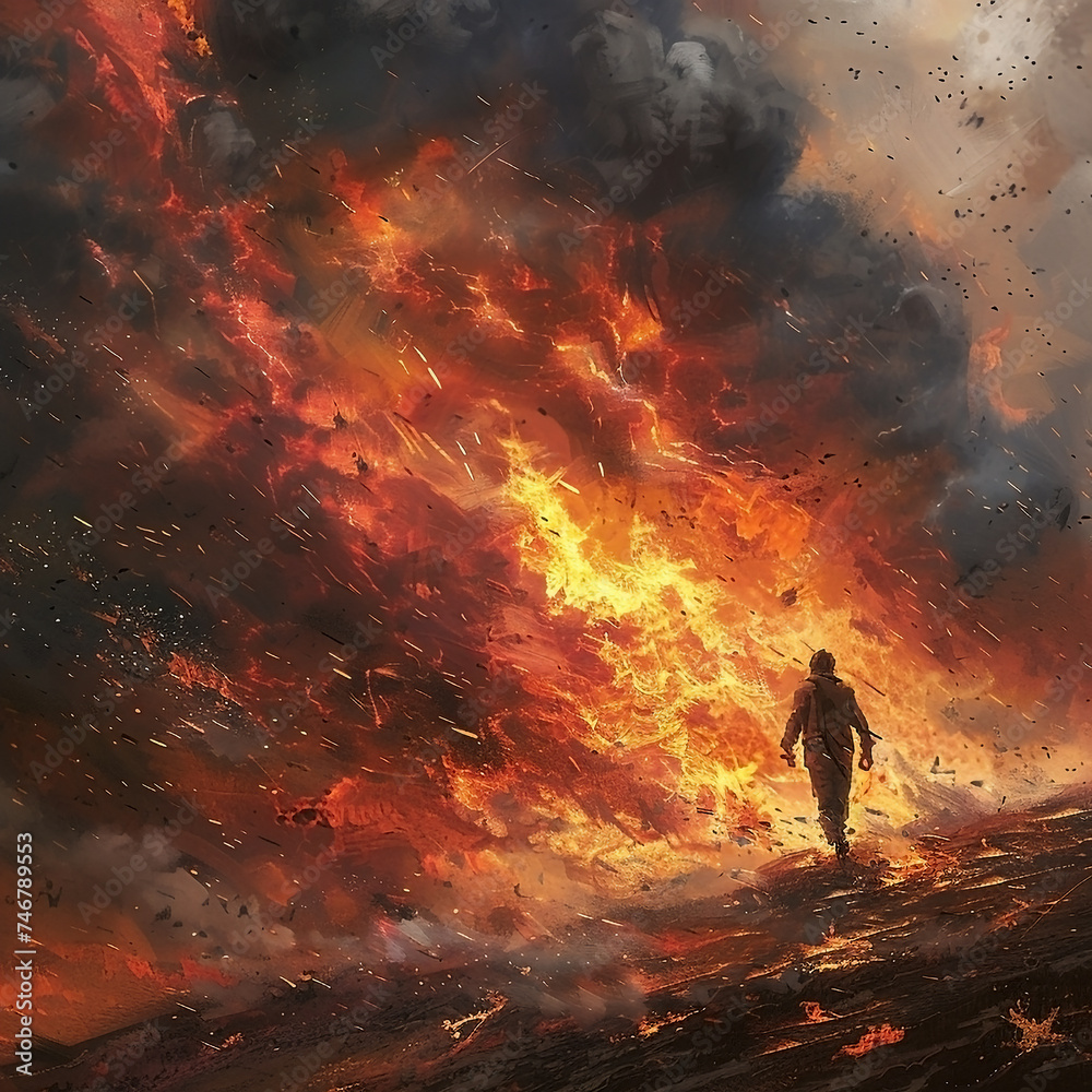 Illustrate the destructive power of fire in a dynamic and captivating ...