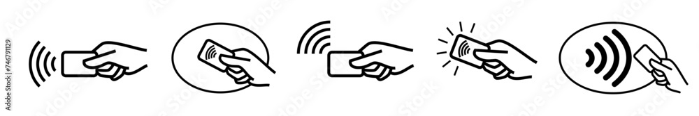 Contactless payment icons, credit card and hand tap pay wave. Vector ...