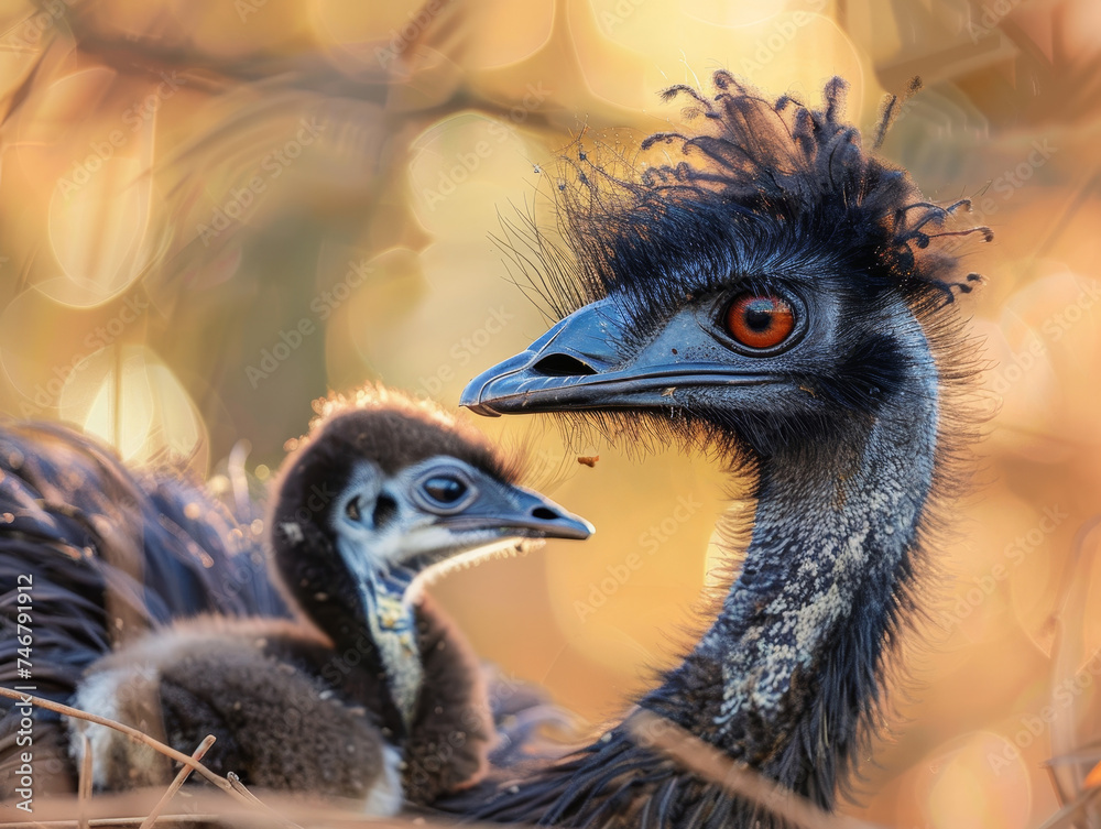 Close-up of an emu and its baby with intense eyes and textured feathers ...