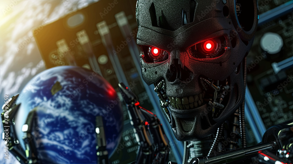 scary menacing facial expression of AI robot with red eyes looking into ...