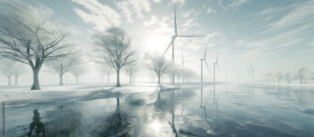 Multiple wind turbines are captured in a black and white photograph ...