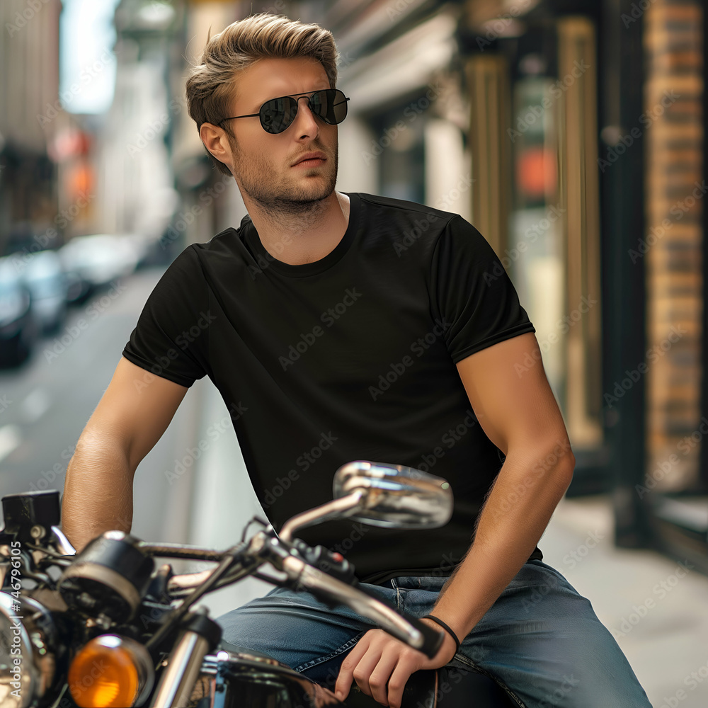 Handsom male biker model with motorcycle wearing blank black t-shirt ...