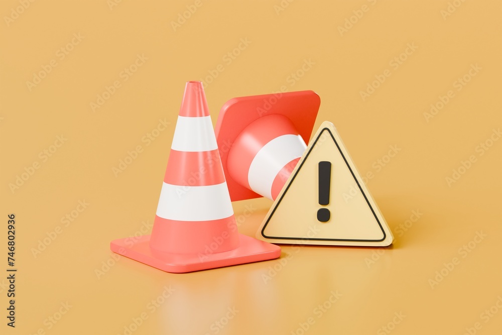 3D red traffic cones with yellow triangle warning symbol icon on ...
