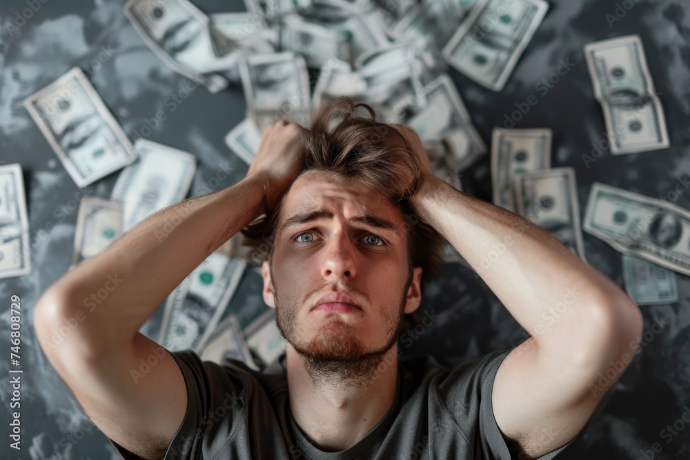 Young sad man lying on the floor with wads of money background. Credit ...