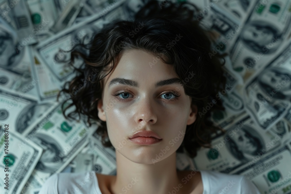 Young sad woman lying on wads of money background. Credit debt concept ...