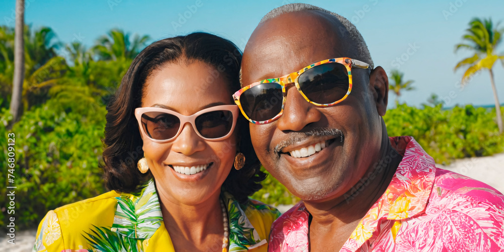An African couple, over 50 years old, radiate joy and love on a ...
