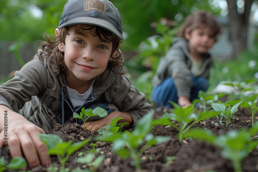Young boy with a cap engaged in planting seedlings, showing an early ...