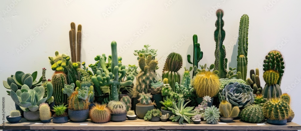 A table adorned with a variety of cacti plants in different shapes ...