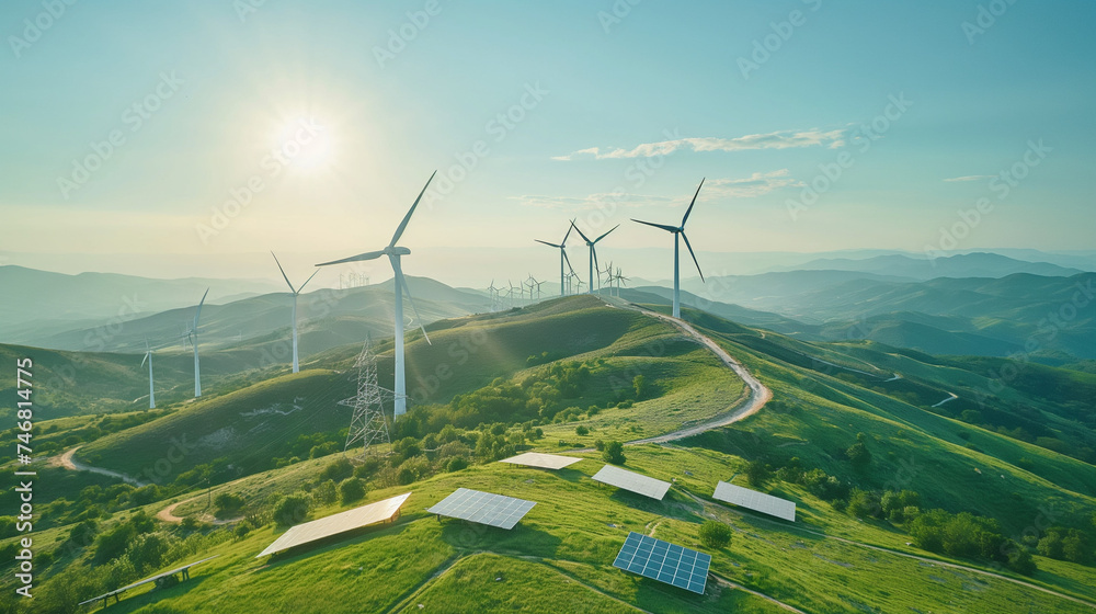 The bright sun bathes the solar cells in warm light. In the background ...
