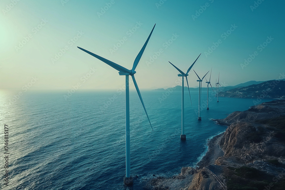 A seaside wind farm stretches along the coastline and consists of ...