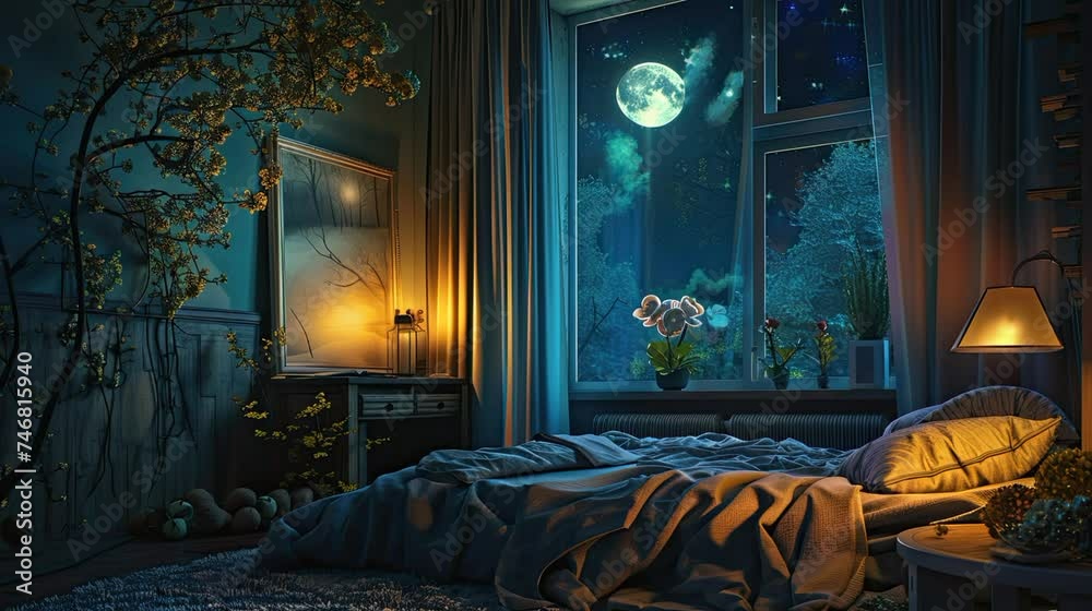 neat bedroom on the night scene with full month view from the window ...
