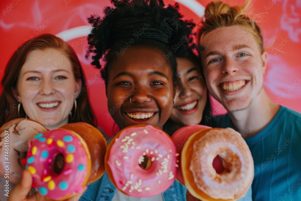 Exuberant young adults sharing a laugh, holding up donuts in front of a ...