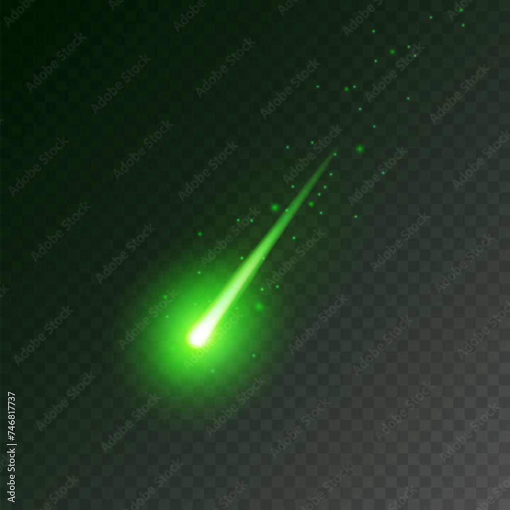 Comet shooting effect and glowing asteroids, stars at night sky. Green ...