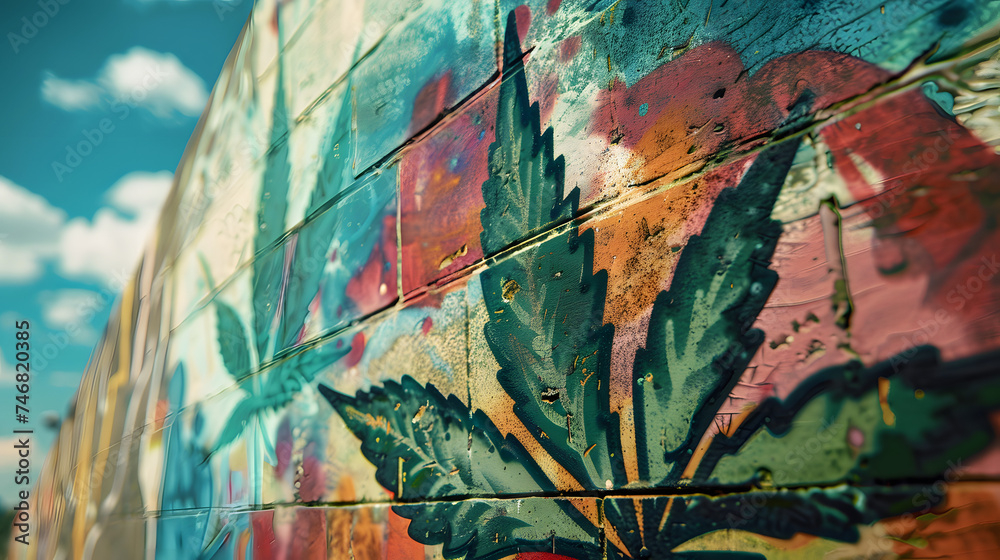 cannabis themed graffiti on a city wall, desktop background, aspect ...