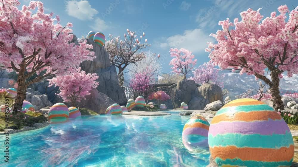 Swimming pool swiming pond decorater with pink eaf tree tabebuya and ...