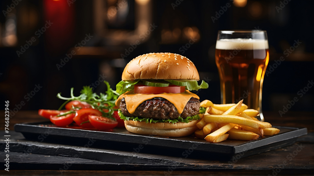 Un burger gourmet avec des frites, des tomates, de la salade et un ...