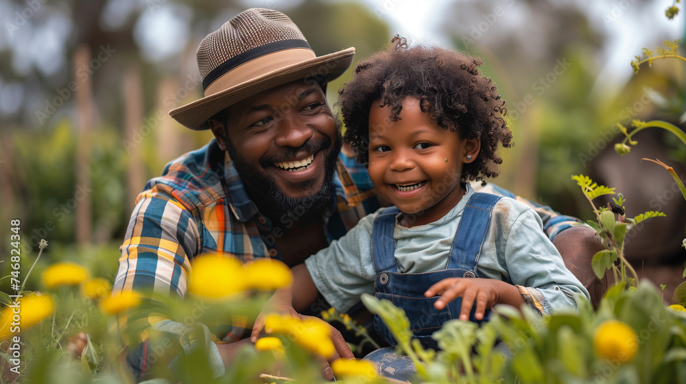 Happy black father and child spending time together gardening. Father's ...
