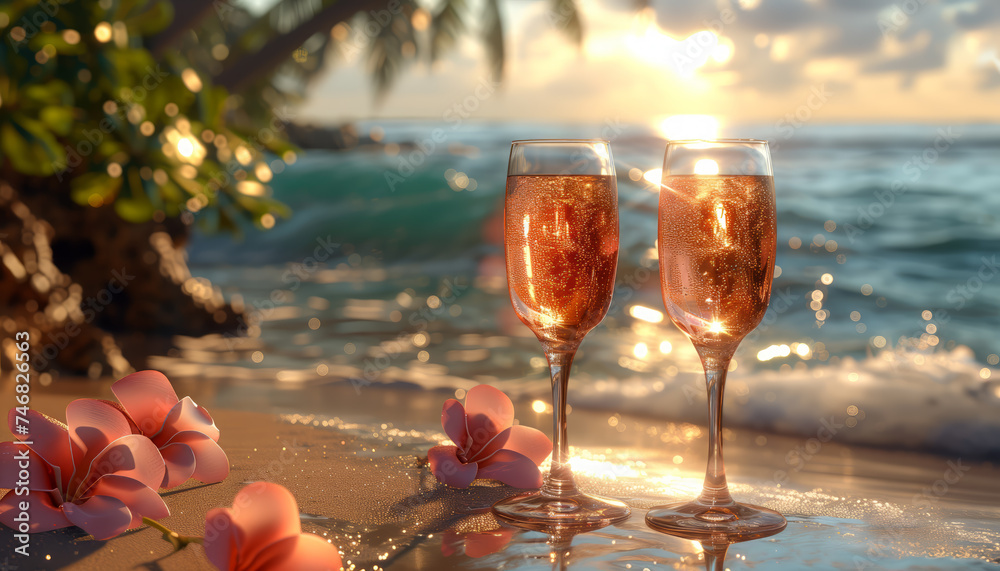 table setting at sunrise while on the beach front, in the style of ...