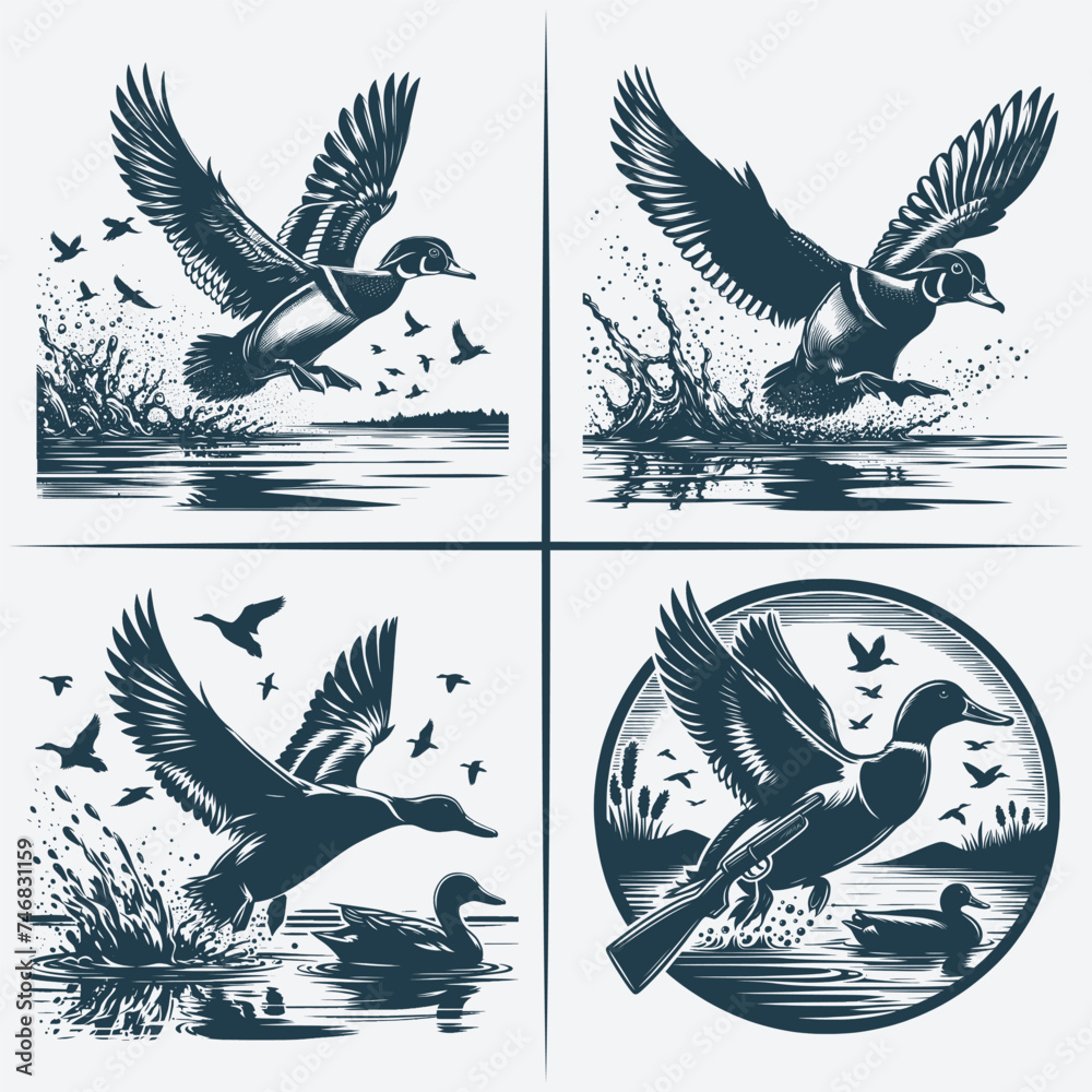 Mallard Duck hunting vector Bundle file ,Black and white Flying Ducks ...