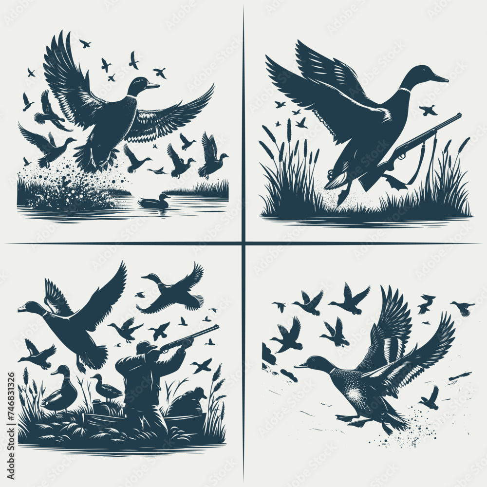 Mallard Duck hunting vector Bundle file ,Black and white Flying Ducks ...
