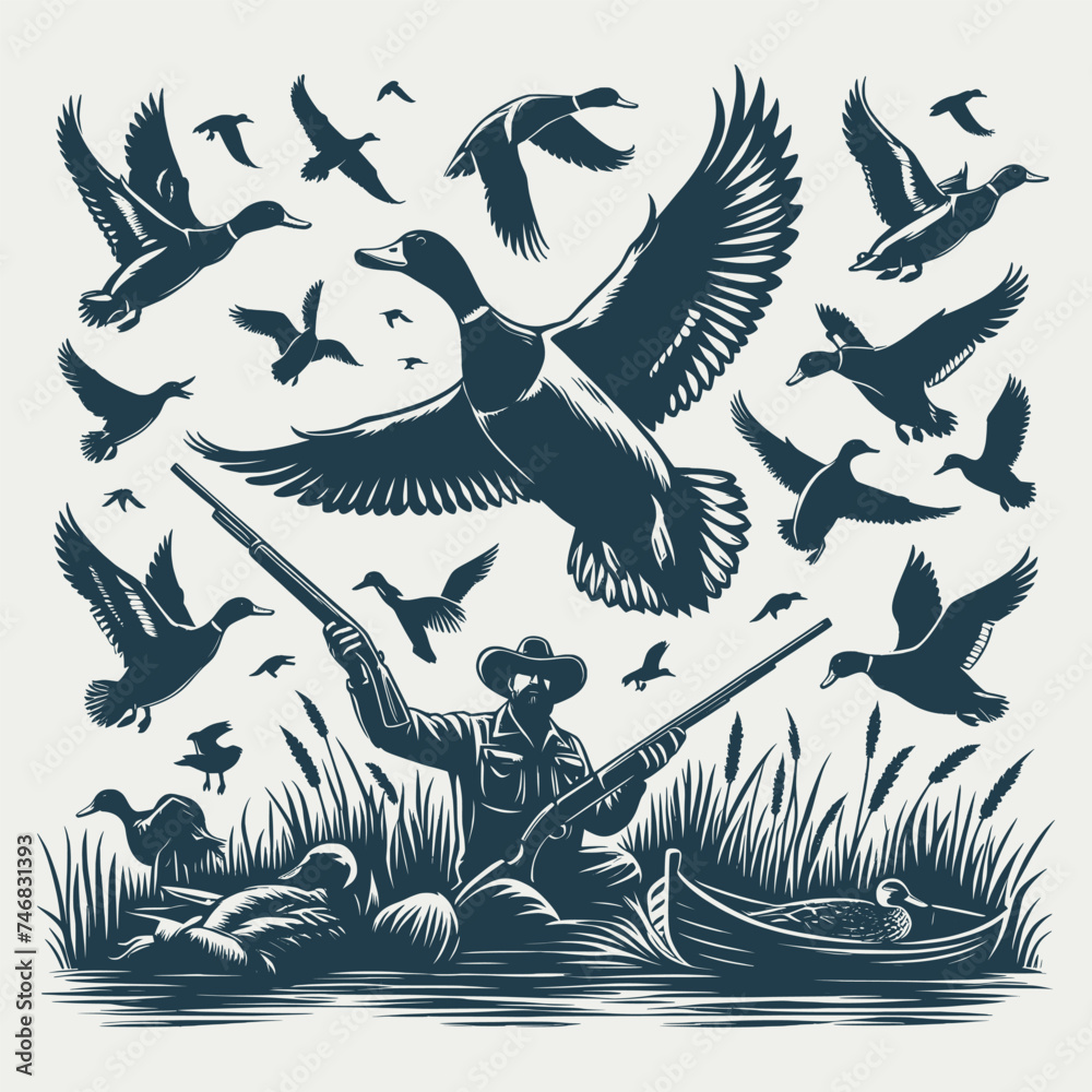 Mallard Duck hunting vector Bundle file ,Black and white Flying Ducks ...
