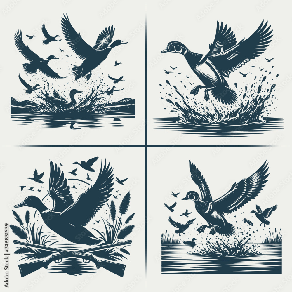 Mallard Duck hunting vector Bundle file ,Black and white Flying Ducks ...