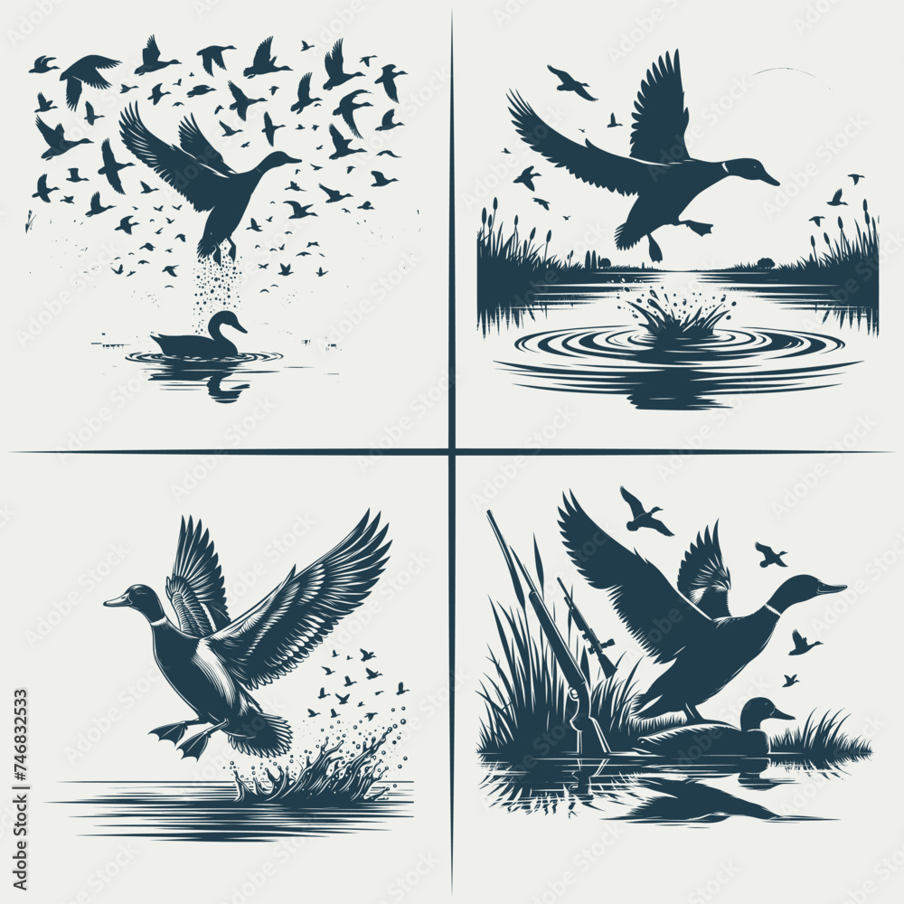 Mallard Duck hunting vector Bundle file ,Black and white Flying Ducks ...
