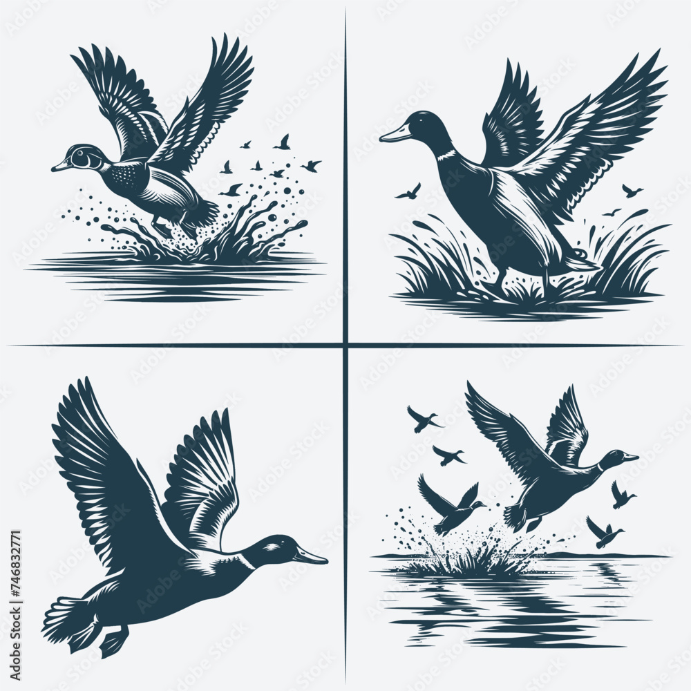 Mallard Duck hunting vector Bundle file ,Black and white Flying Ducks ...